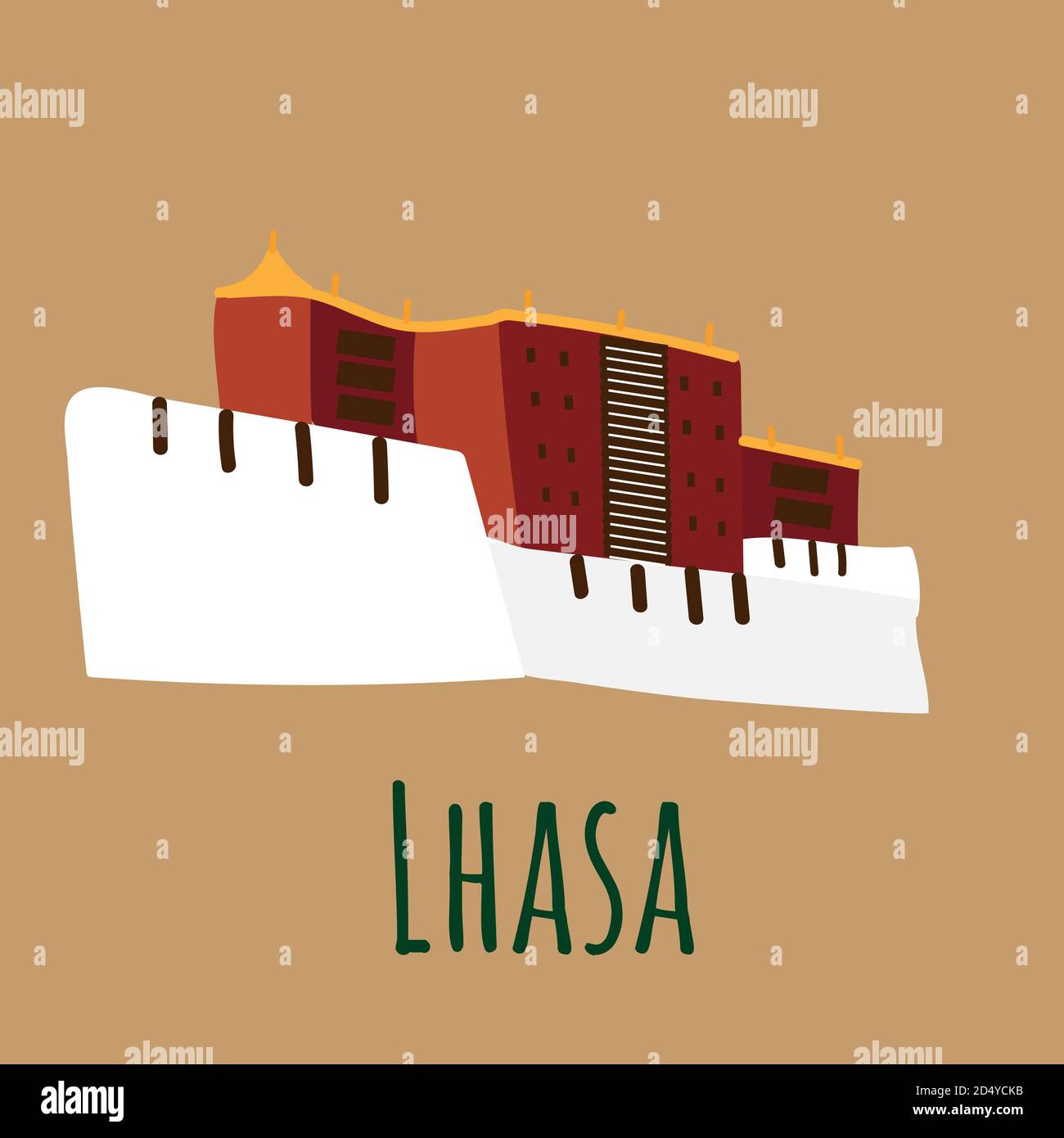 Lhasa monastery landscape isolated on brown background. Hand drawn ...