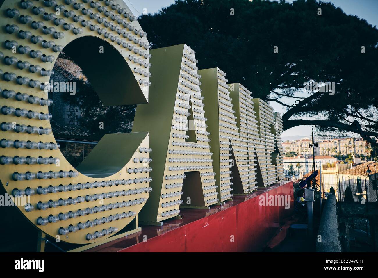 Closeup of the "Cannes" sign with lots of light bulbs in Suquet, Cannes ...