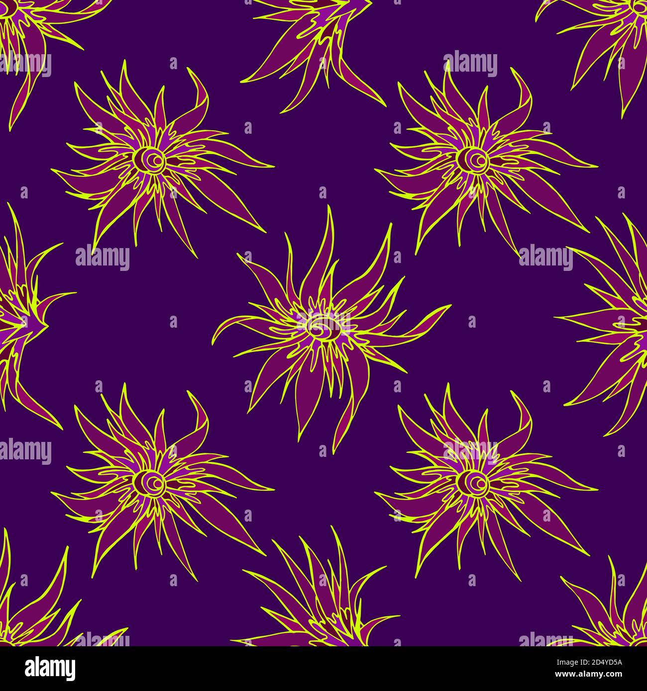 Seamless pattern with hand drawn flowers. In purple and yellow colors ...