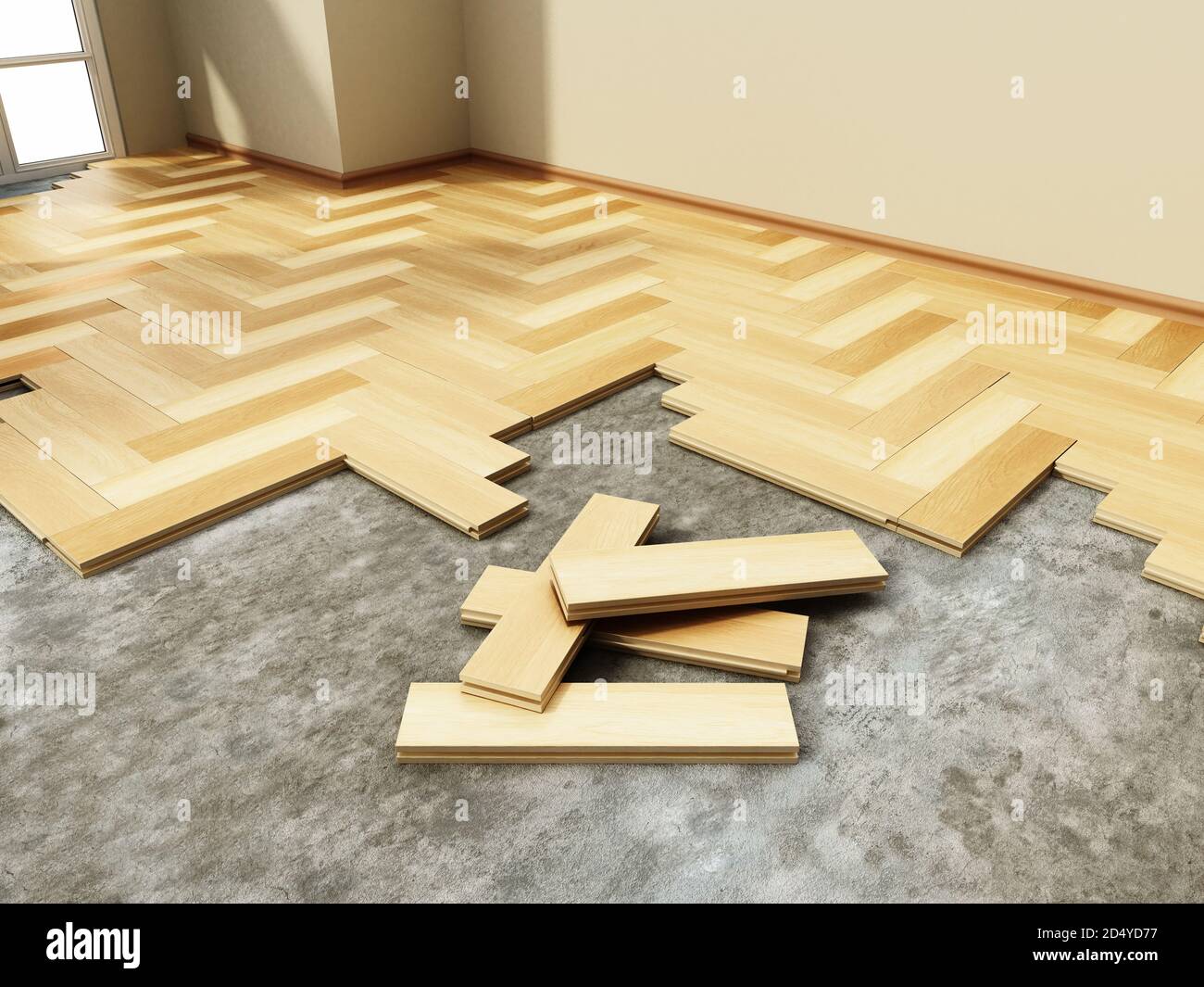 3D illustration of parquet installation process. 3D illustration Stock ...