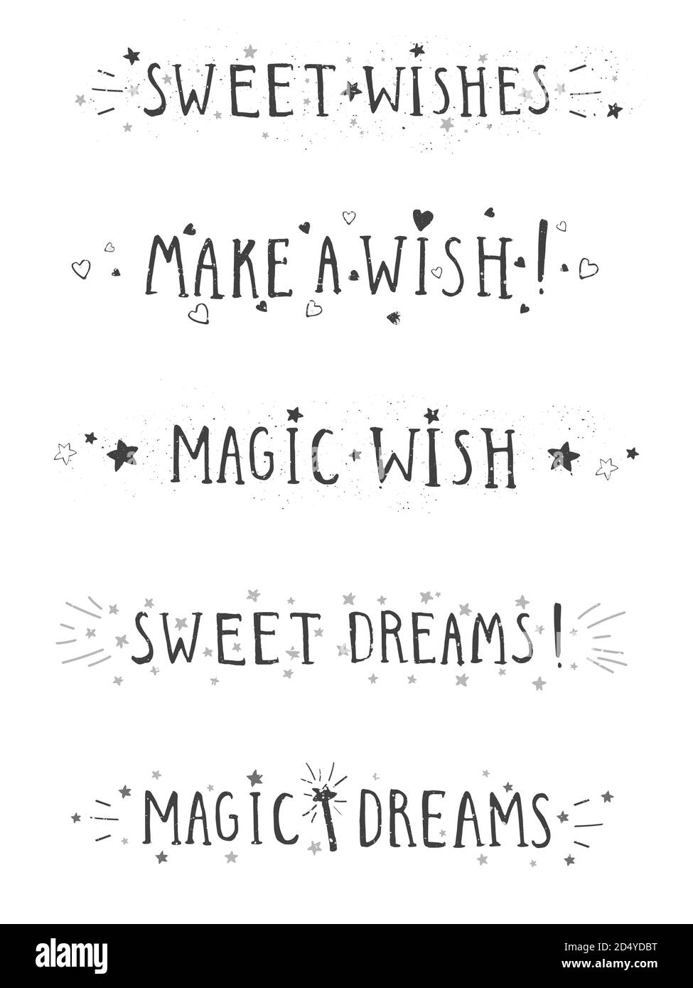Vector set of hand drawn phrases SWEET WISHES, MAKE A WISH, MAGIC WISH ...