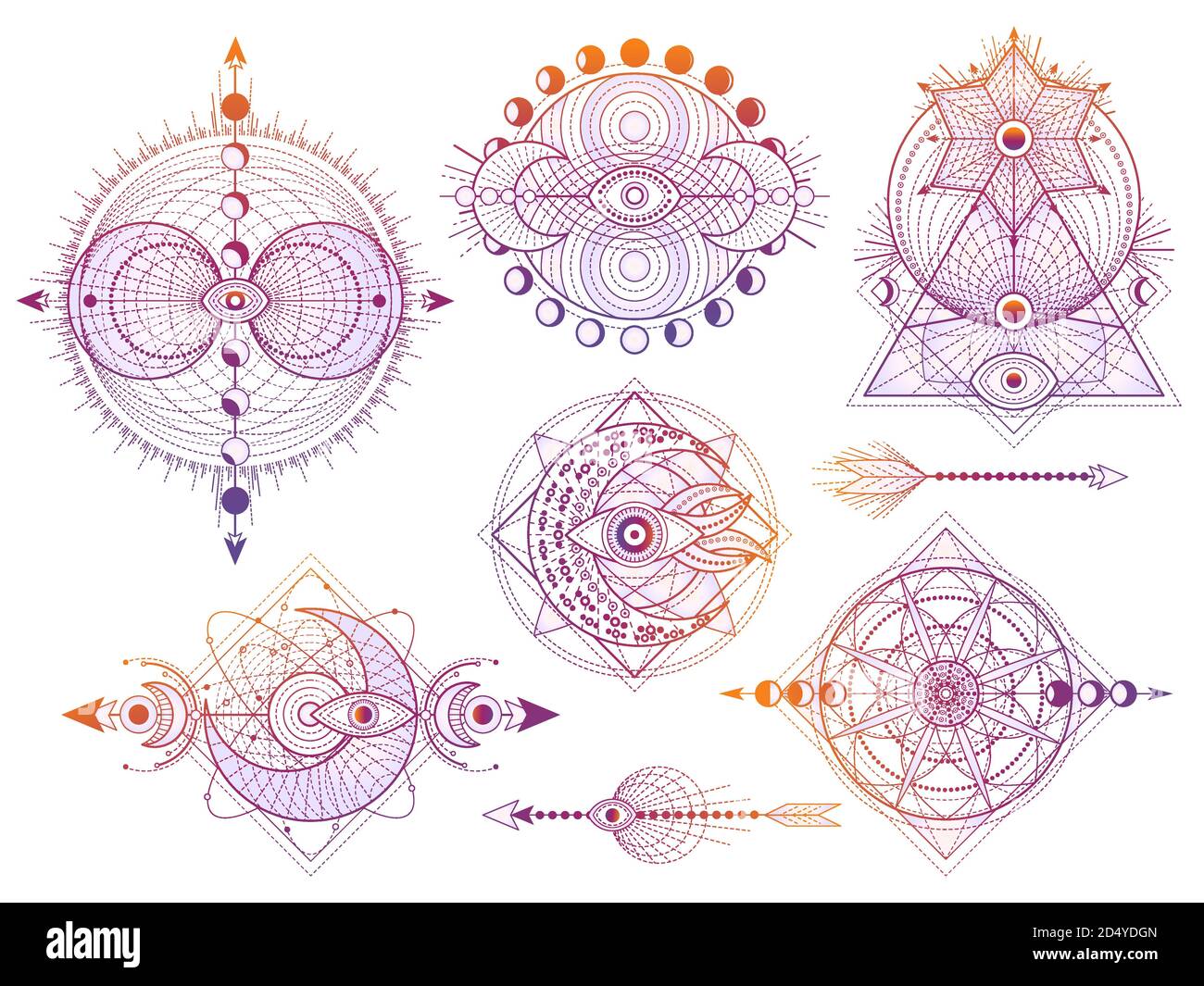 Vector set of Sacred geometry symbols with moon, sun, eye and arrows on ...