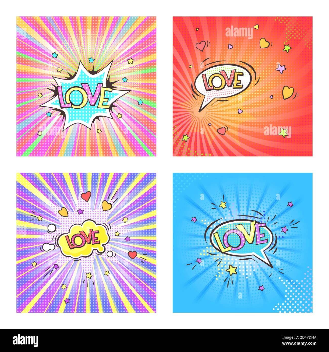 Set of four pop art background with speech bubble and text LOVE. Comic ...