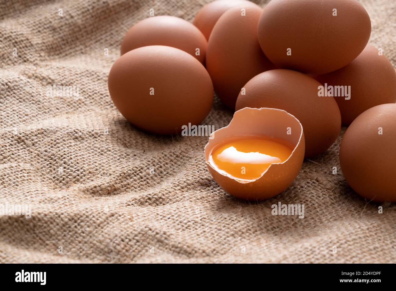 Eggs on the burlap and broken eggs are photographed from an angle Stock ...