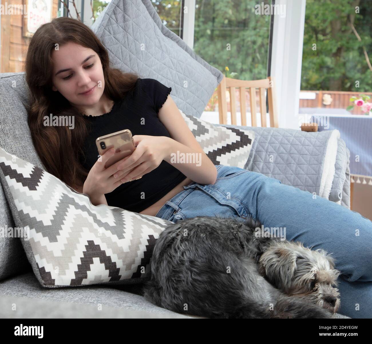 Teenage girl at home texting on smartphone with pet dog lying by her ...