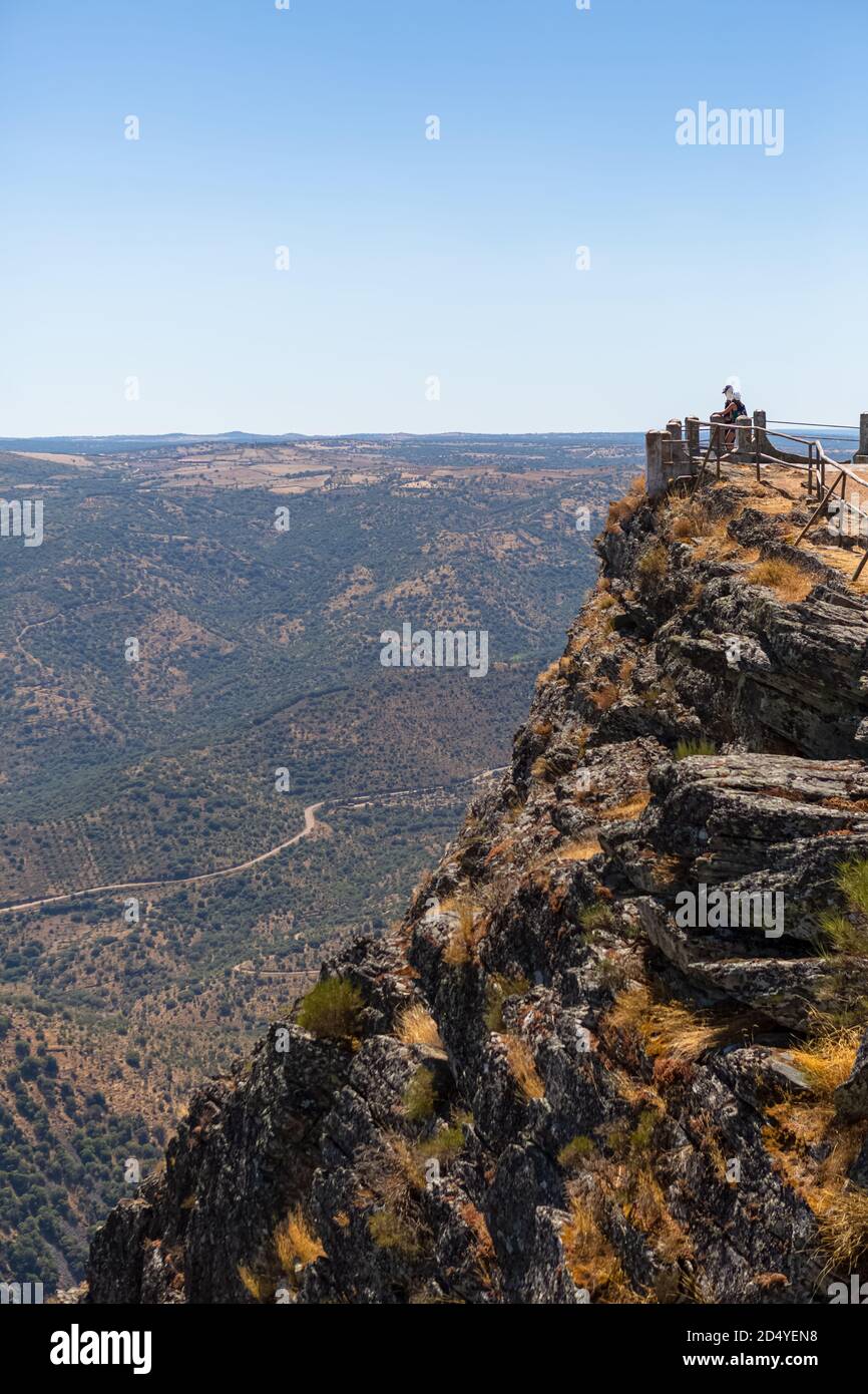 Barca de Alva / Portugal - 08 23 2020: View of a tourist couple looking ...