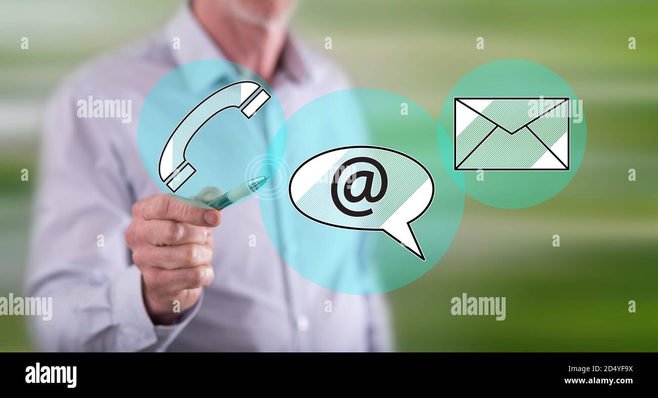 Man touching a contact concept on a touch screen with a pen Stock Photo ...