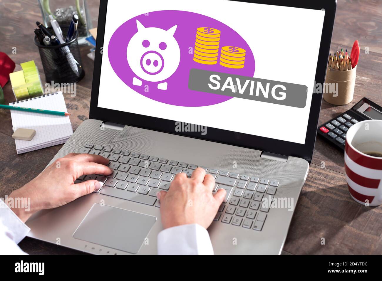 Saving concept shown on a laptop screen Stock Photo - Alamy