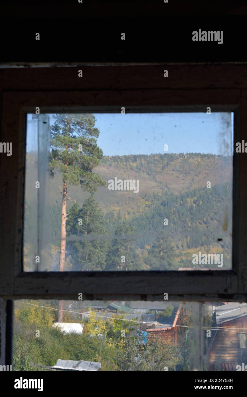 View of a Tree and a Hill from Attic Window Stock Photo - Alamy