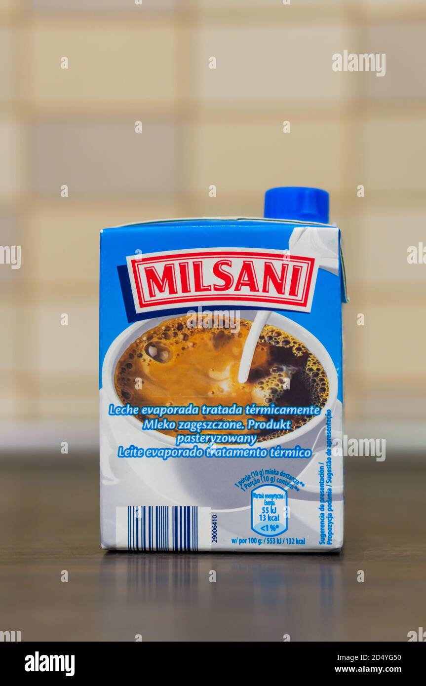 POZNAN, POLAND - Aug 14, 2017: Milsani coffee creamer in a box standing ...