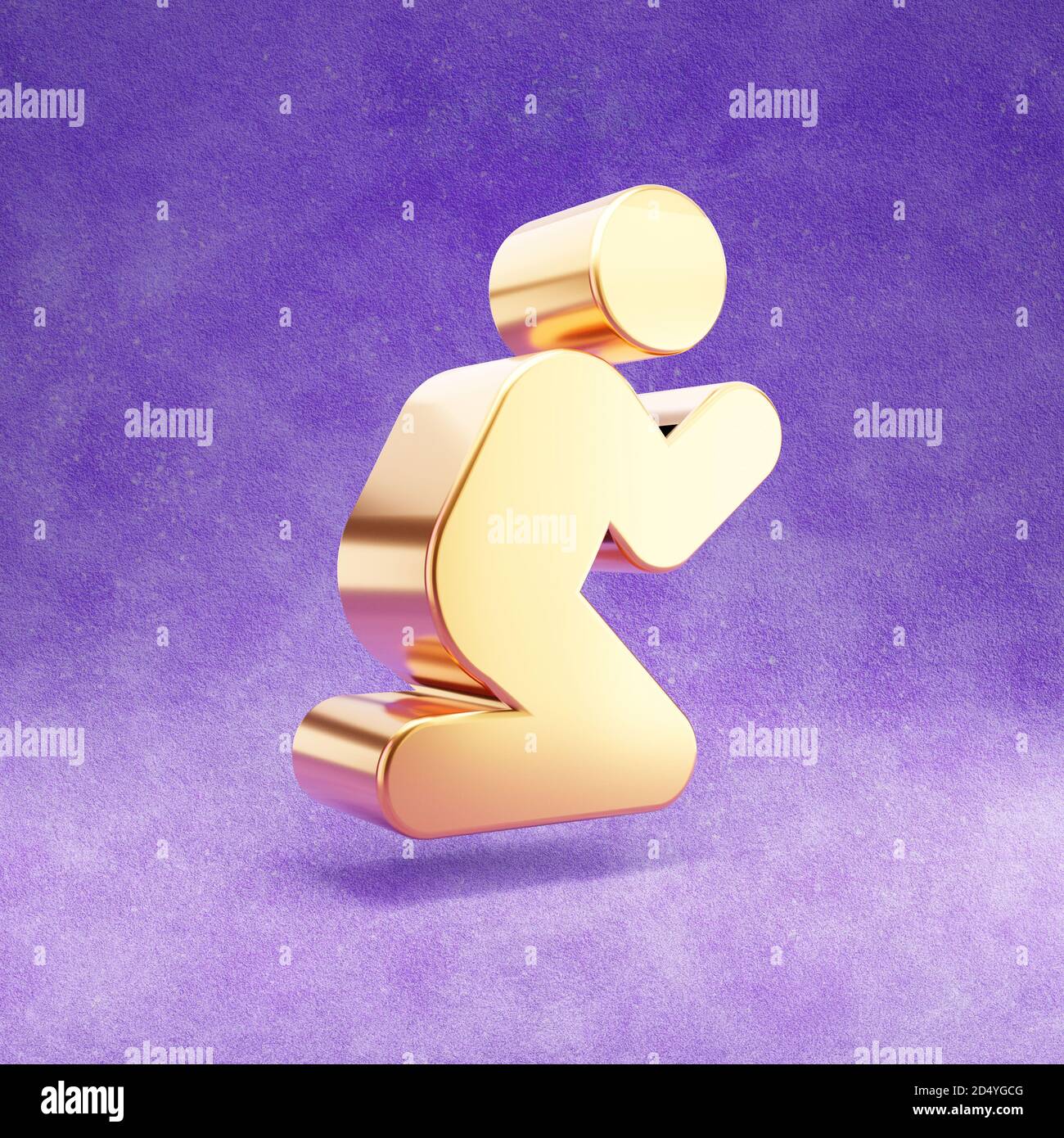 Pray icon. Gold glossy Pray symbol isolated on violet velvet background ...