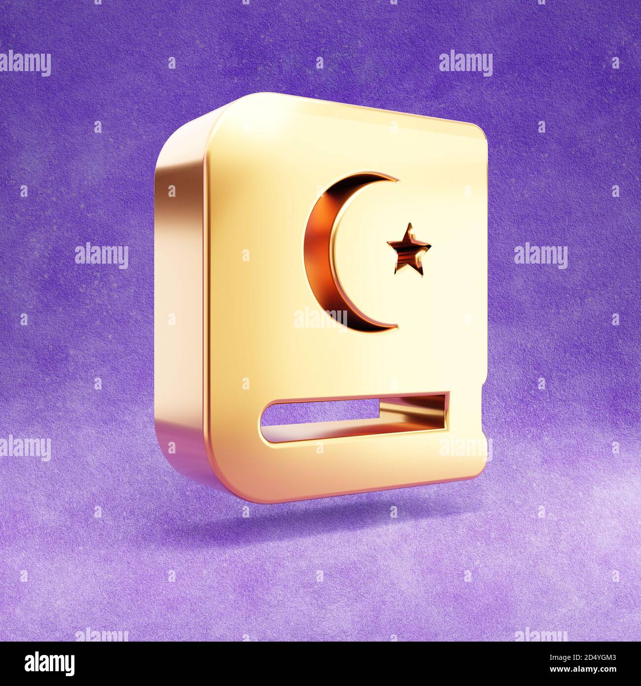 Quran icon. Gold glossy Quran symbol isolated on violet velvet ...