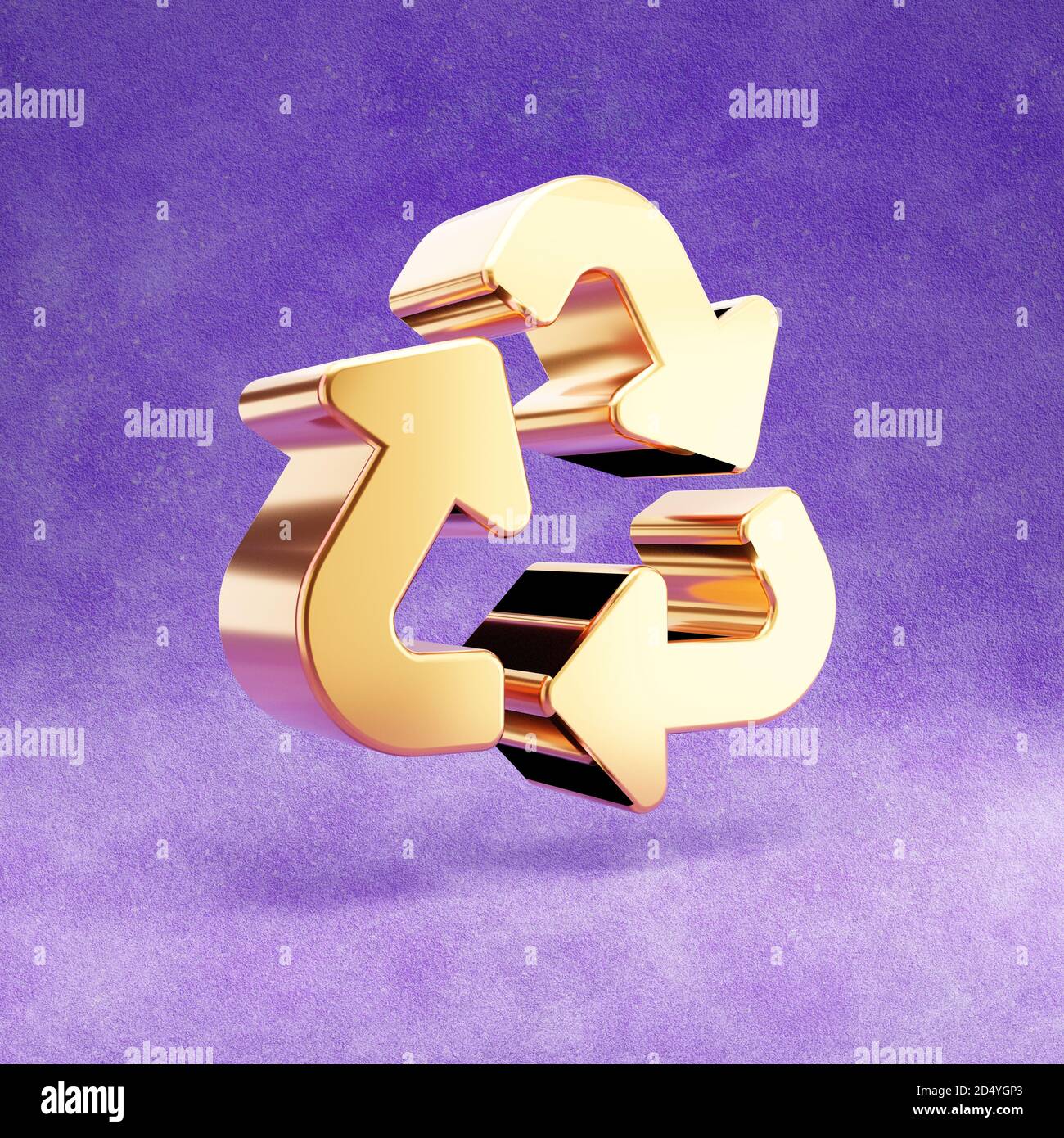Recycle icon. Gold glossy Recycle symbol isolated on violet velvet ...