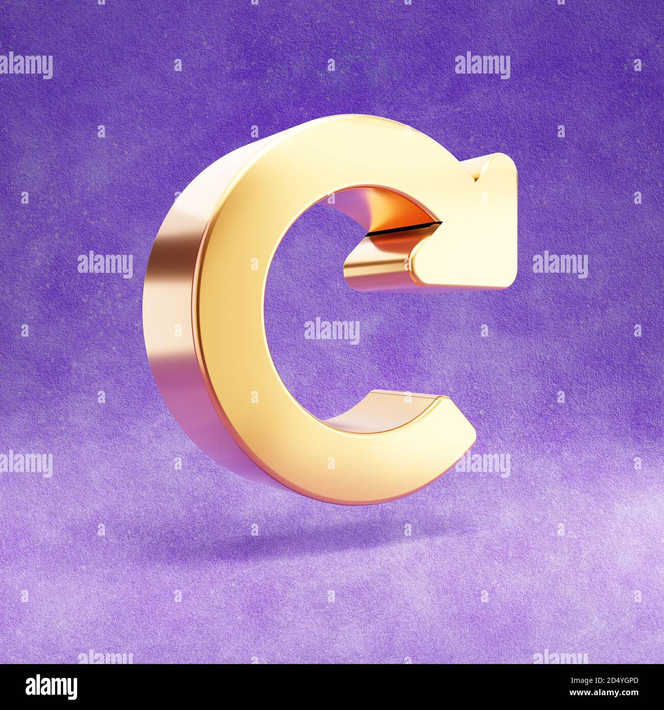 Redo icon. Gold glossy Redo symbol isolated on violet velvet background ...