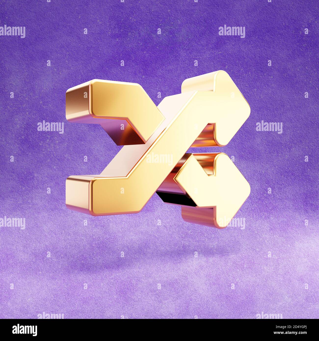 Random icon. Gold glossy Random symbol isolated on violet velvet ...