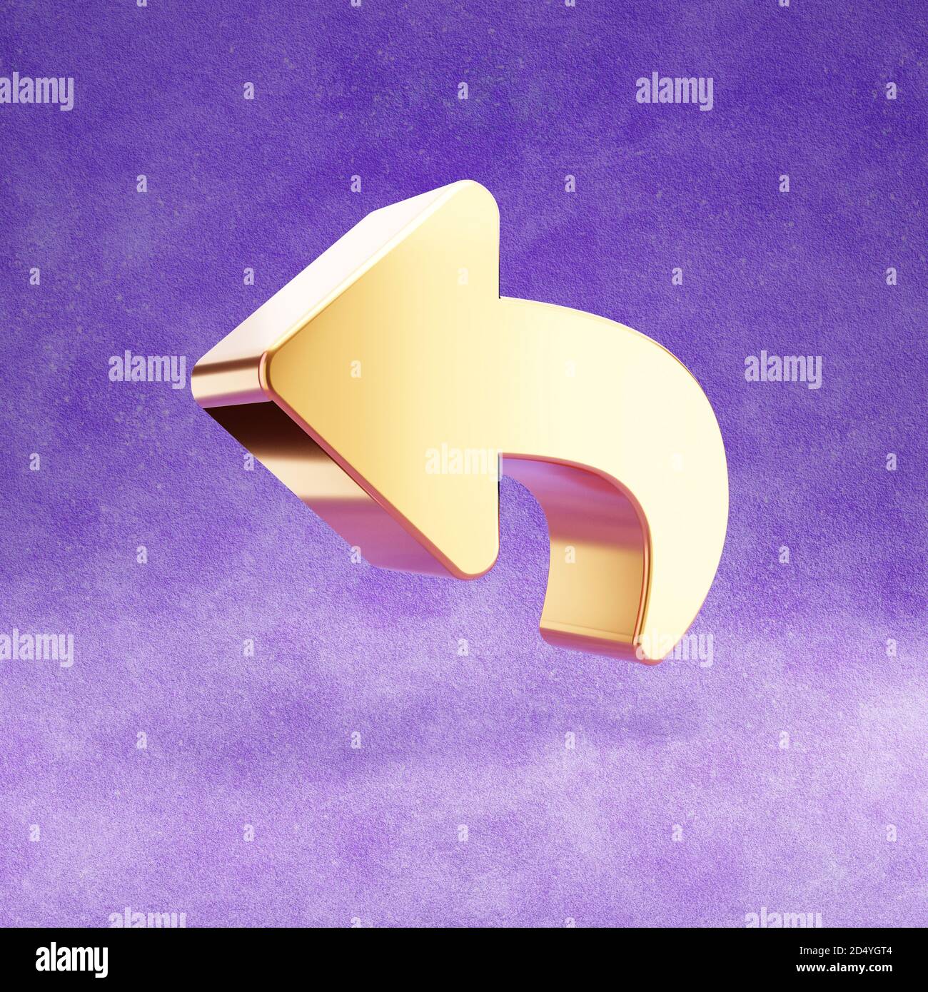 Reply icon. Gold glossy Reply symbol isolated on violet velvet ...