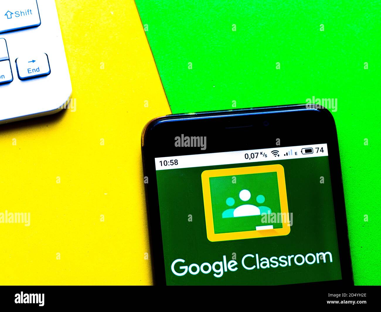 In this photo illustration a Google Classroom appliance by Google LLC ...