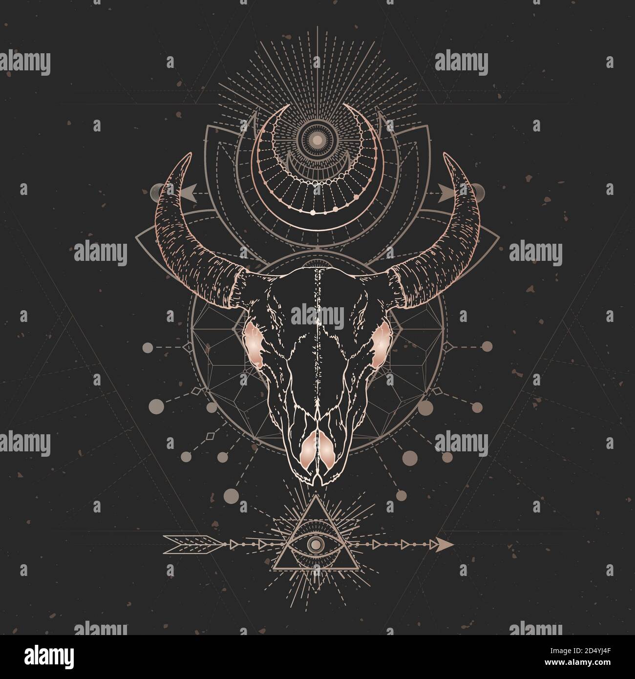 Vector illustration with hand drawn Bull skull and Sacred geometric ...