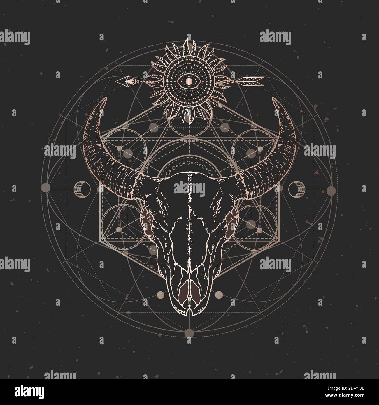 Vector illustration with hand drawn Bull skull and Sacred geometric ...