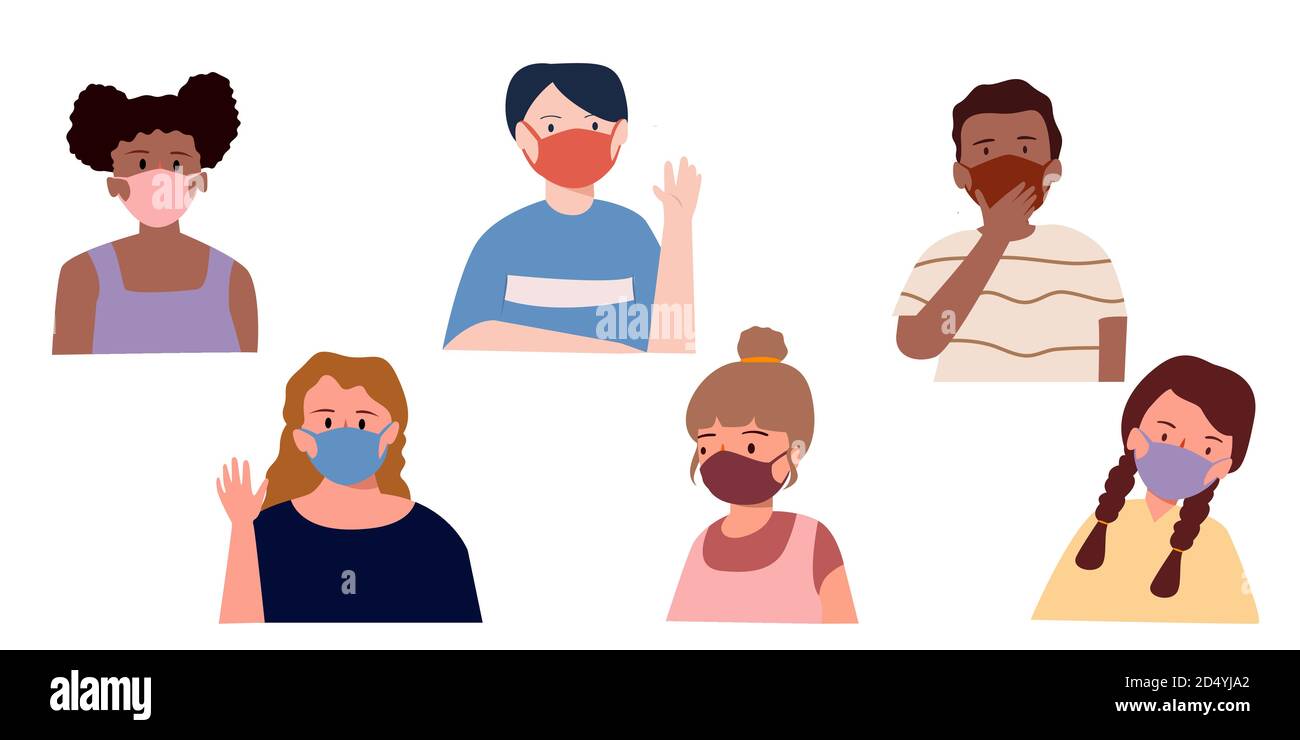 Children wear mask character set collection white isolated background ...