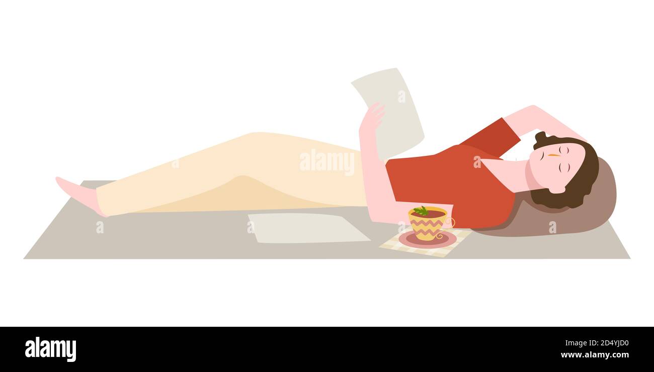 Women supine on carpet sleepy while reading text paper white isolated ...