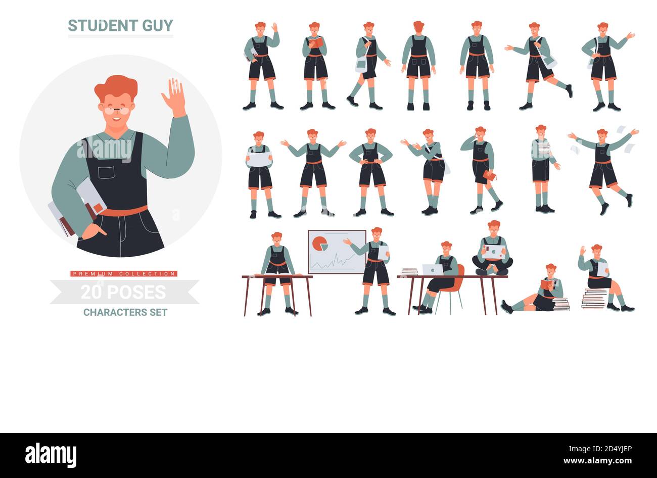 Student boy poses vector illustration set. Cartoon flat young male ...