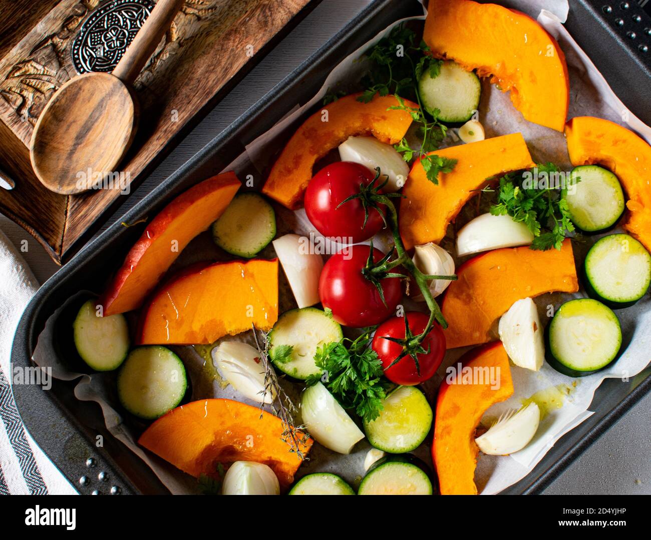 mediterranean oven vegetables raw and uncooked on a tray Stock Photo ...