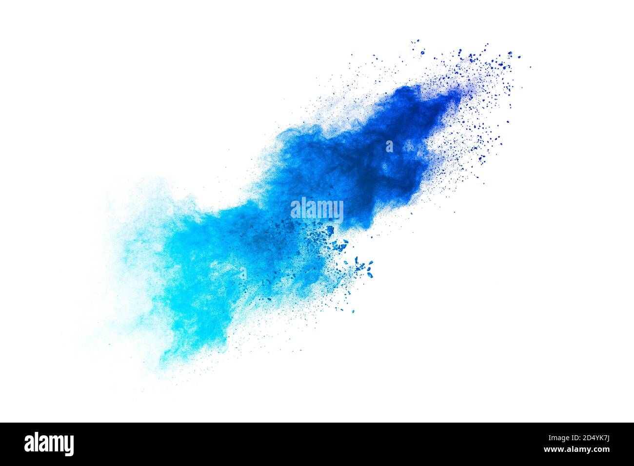 Splash of blue colored powder. Blue particles splatter on white ...