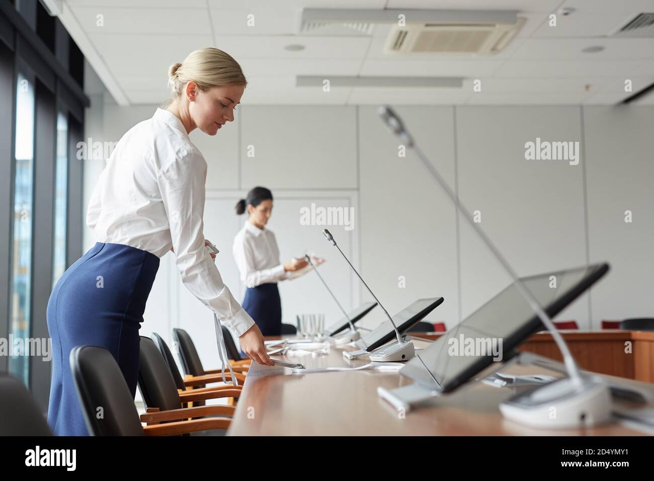 Side view portrait of elegant female secretary putting place cards on ...