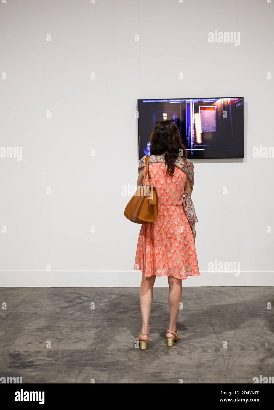 Woman looking a monitor installation in an art gallery Stock Photo - Alamy