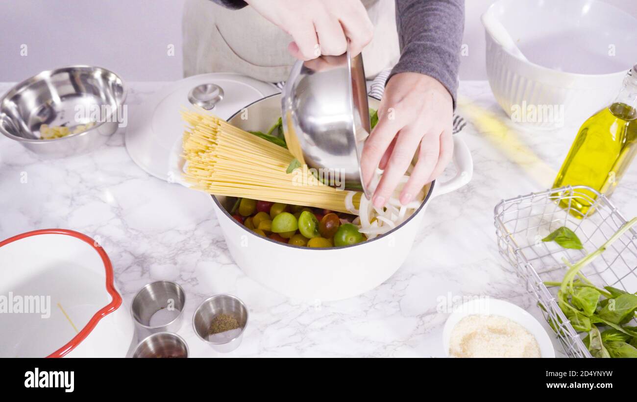 Step by step. Cooking on pot pasta recipe in an enameled cast iron ...