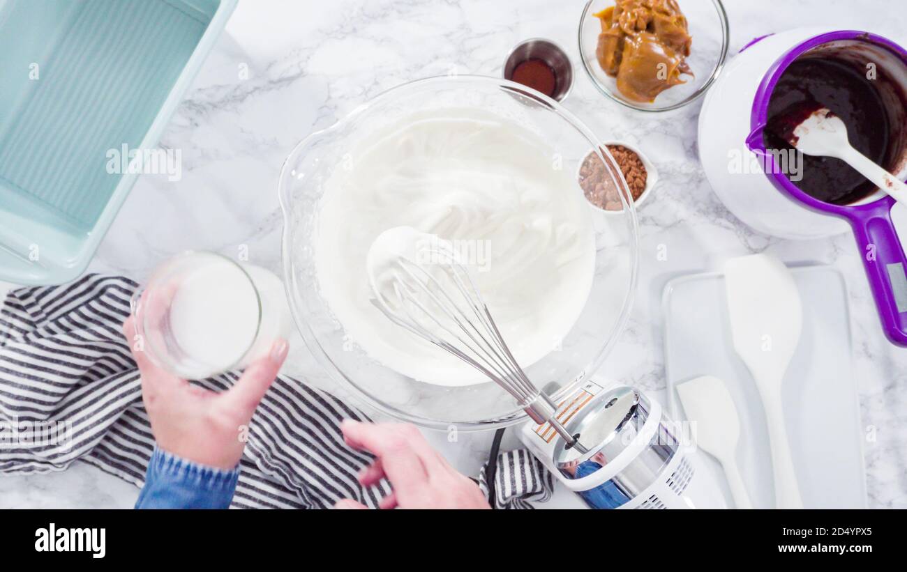 Flat lay. Step by step. Preparing homemade chocolate ice cream in a ...