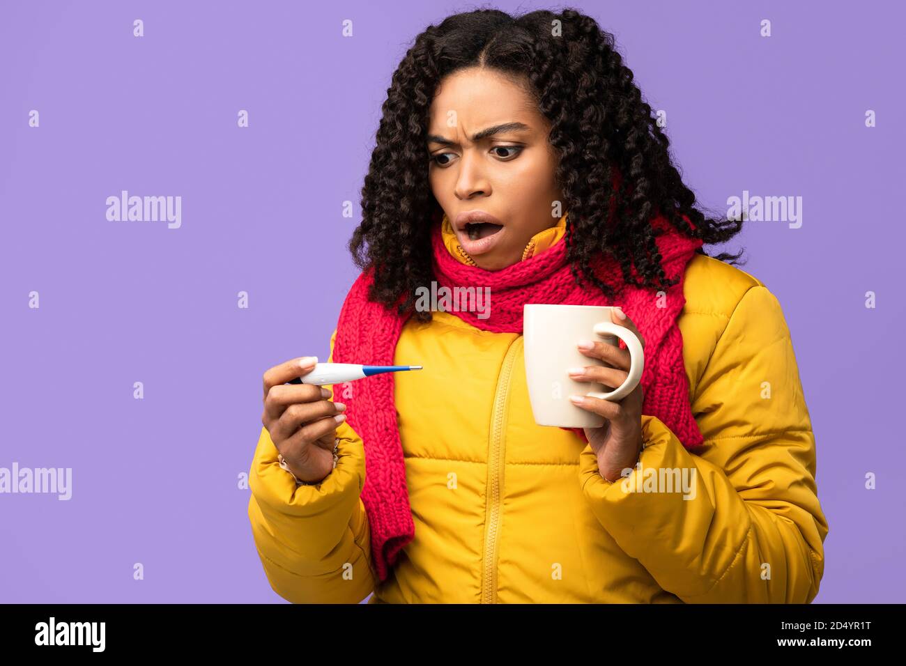 Sick Black Lady Having Fever, Looking At Thermometer, Studio Shot Stock ...