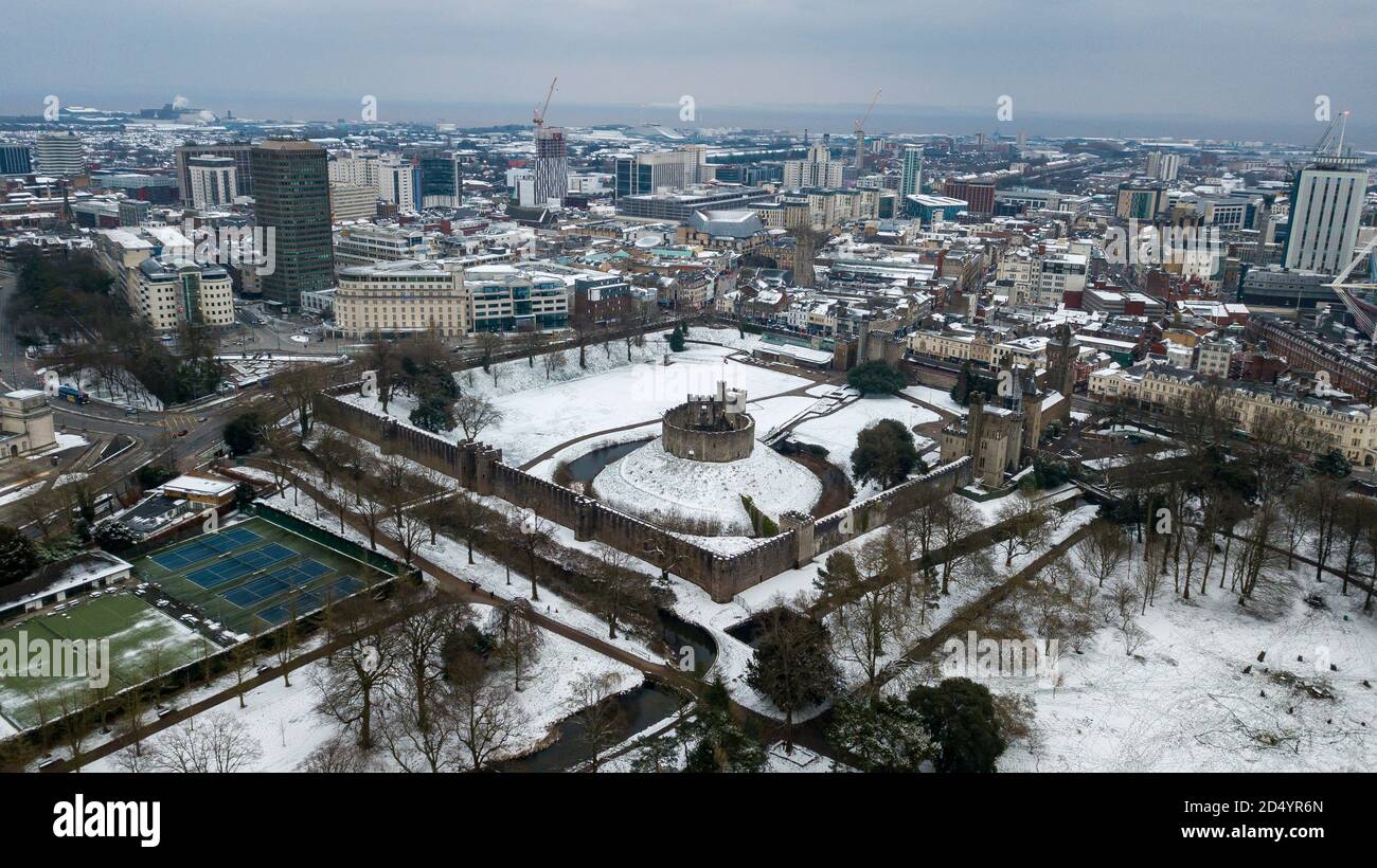 CARDIFF, WALES - MARCH 18: An aerial view of Cardiff Castle following a ...