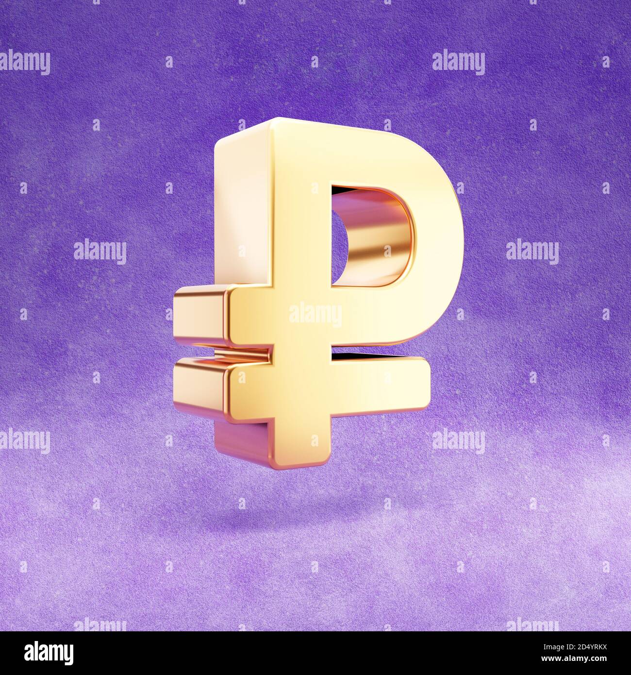 Ruble icon. Gold glossy Ruble symbol isolated on violet velvet ...