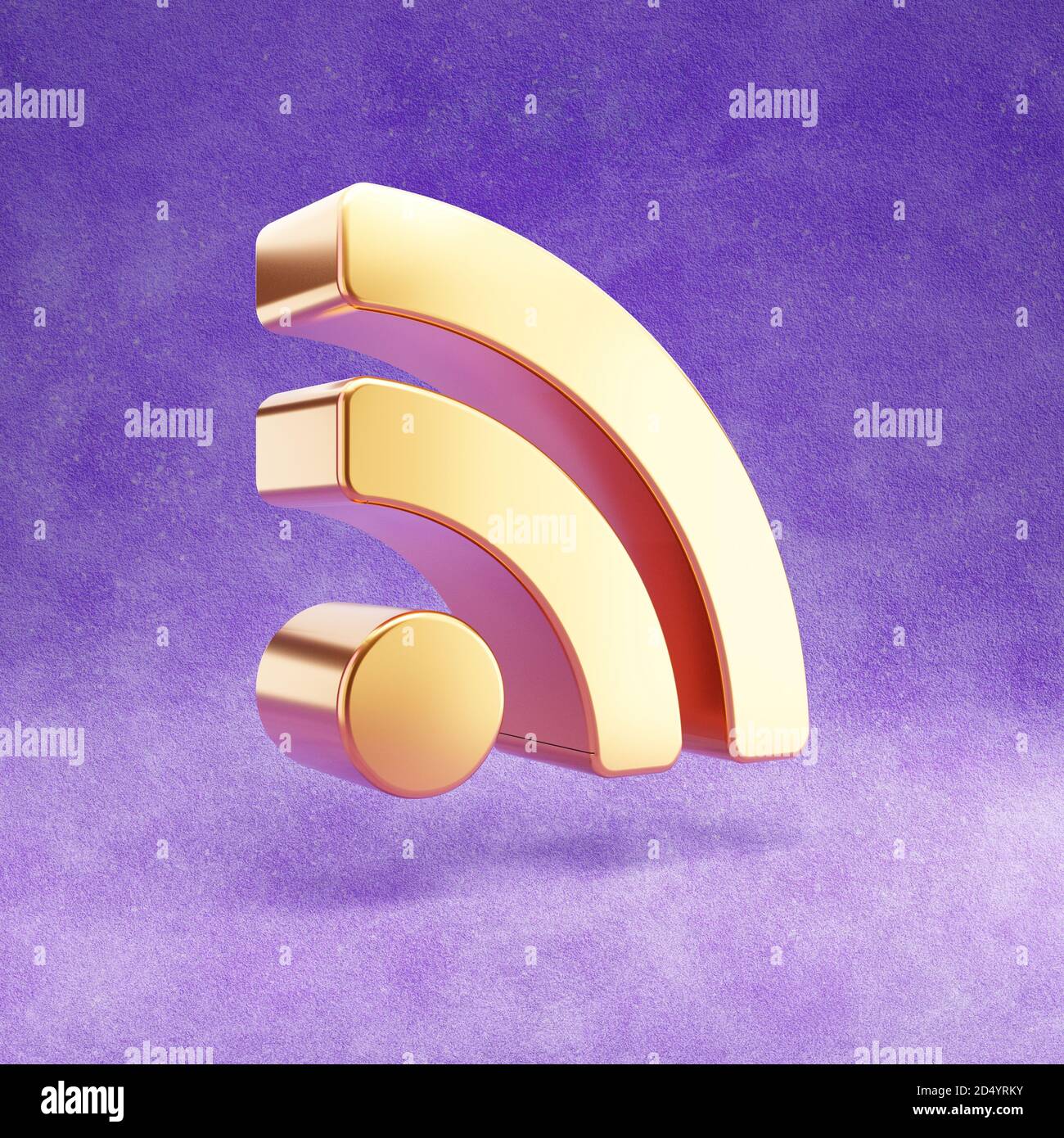 RSS icon. Gold glossy RSS symbol isolated on violet velvet background ...