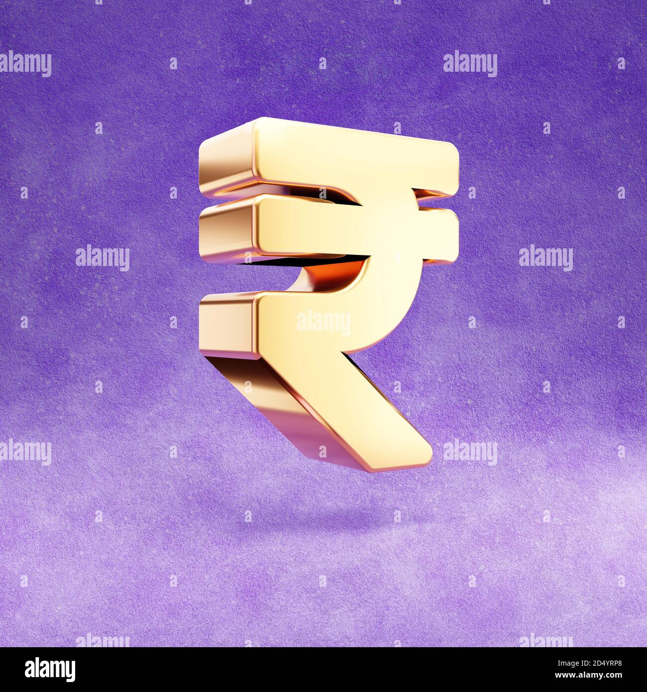 Rupee icon. Gold glossy Rupee symbol isolated on violet velvet ...