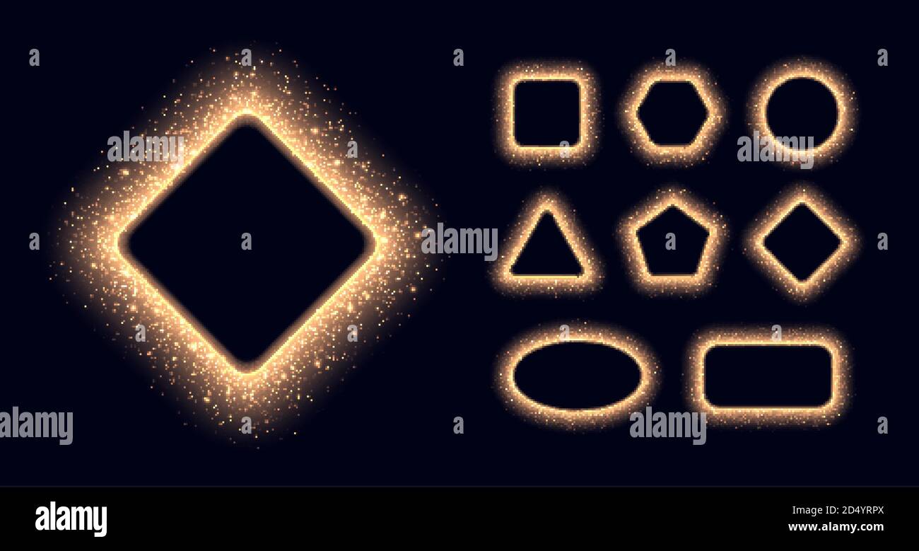Glowing golden stardust frames collection, shiny borders with sparkles and flares. Vector light ...