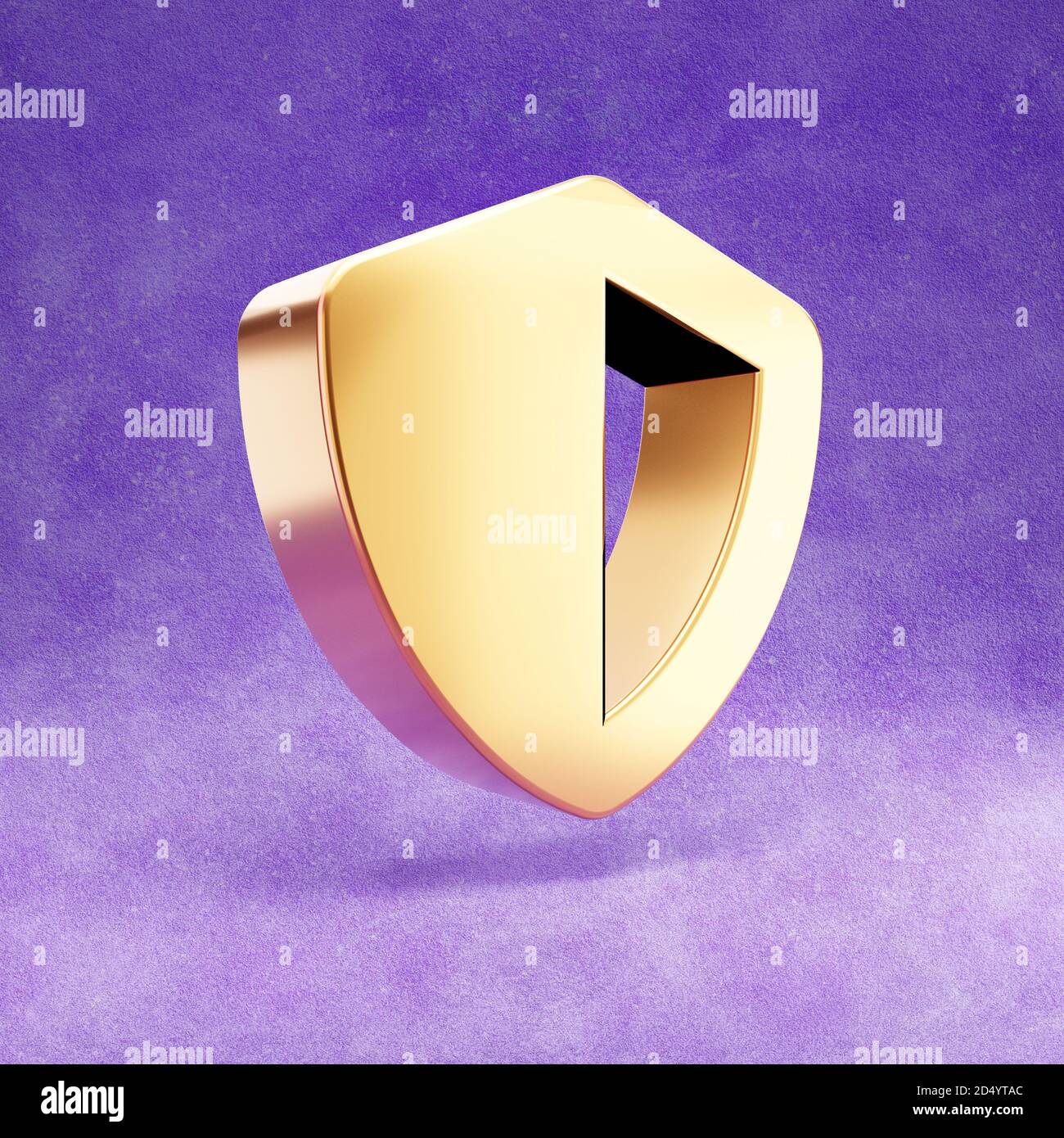 Shield icon. Gold glossy Shield symbol isolated on violet velvet ...