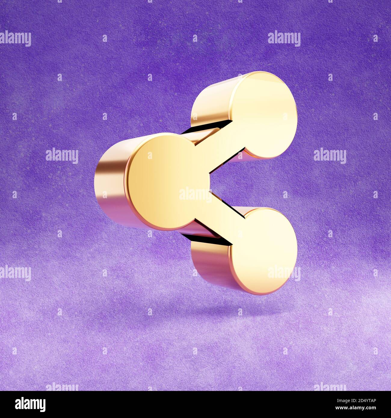Share icon. Gold glossy Share symbol isolated on violet velvet ...