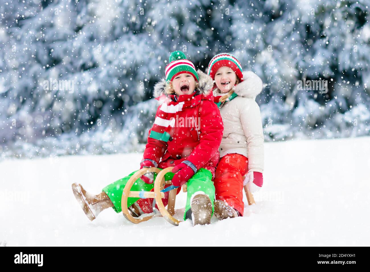 Little girl and boy enjoying sleigh ride. Child sledding. Toddler kid ...