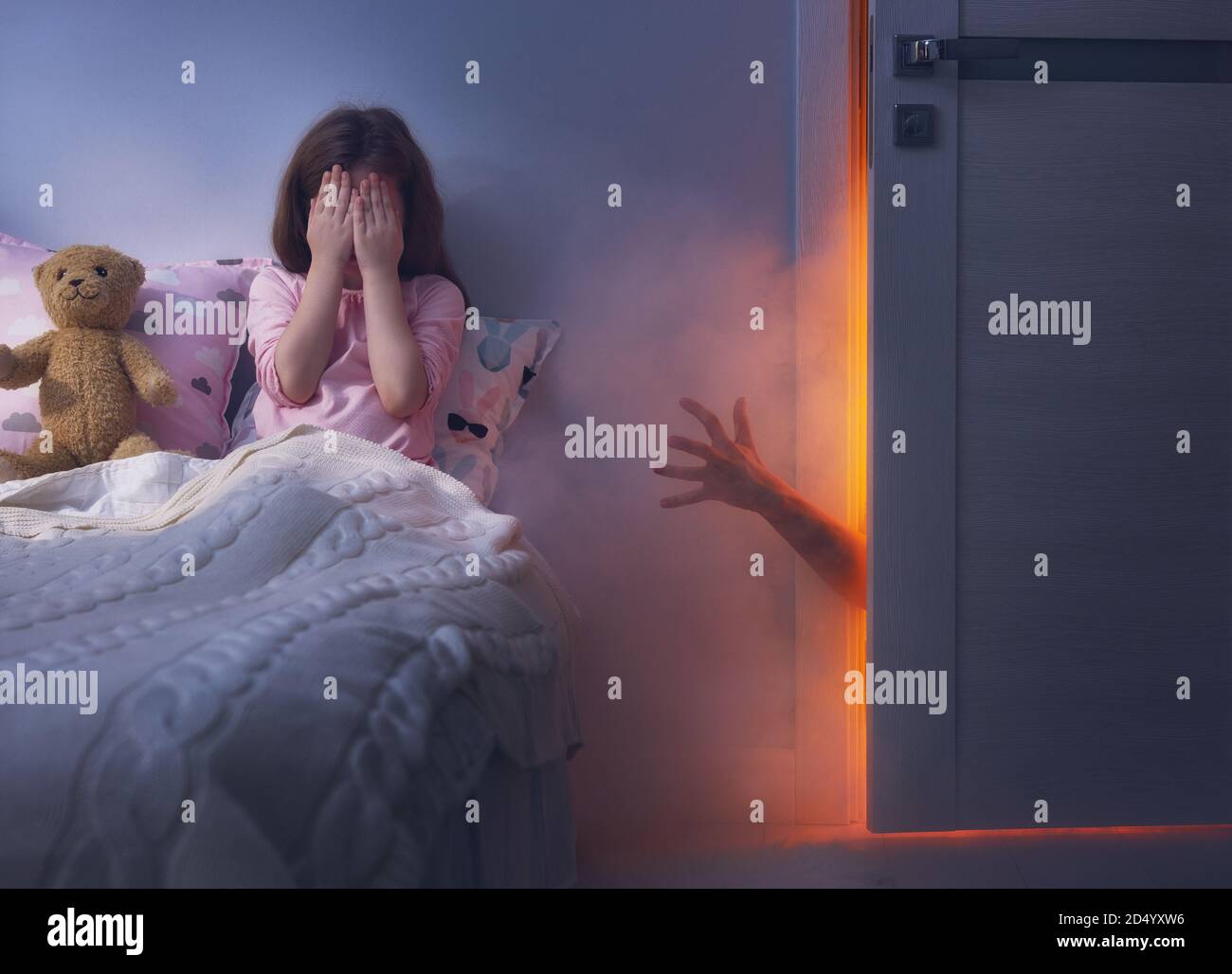 Nightmare for children. Little child girl is afraid of monsters in the ...