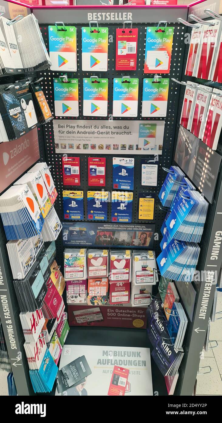 range of prepaid service cards in a supermarket, Germany Stock Photo ...
