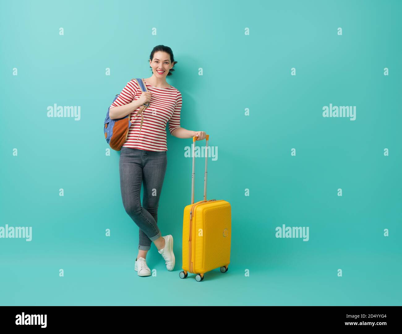 Go on an adventure! Happy woman going traveling. Young person with ...