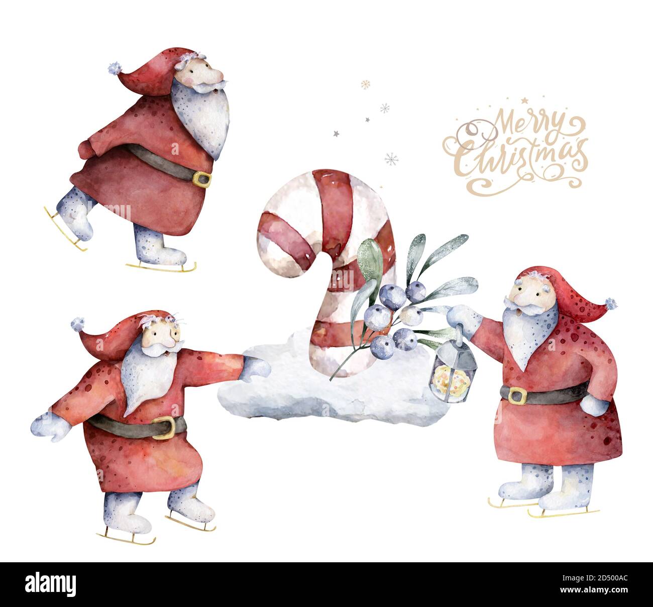 Hand drawn scandinavian watercolor illustrations set of Christmas Santa ...