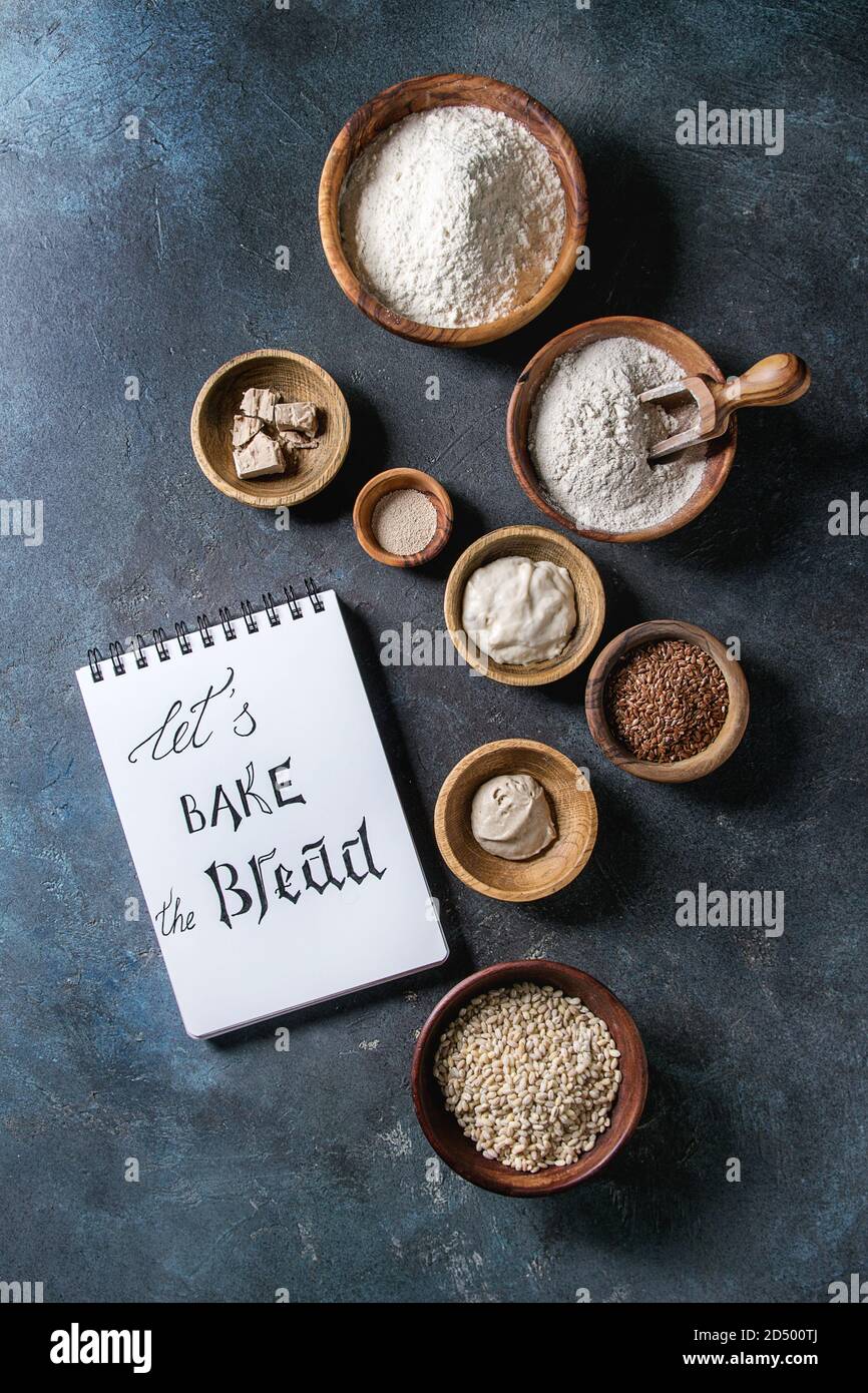 Ingredients for baking bread. Variety of wheat and rye flour, grains ...