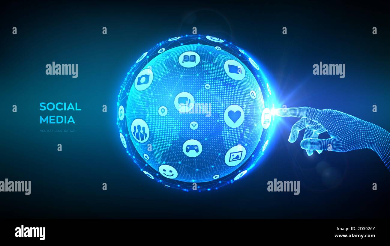 Social media connection concept. Wireframe sphere made from a different ...