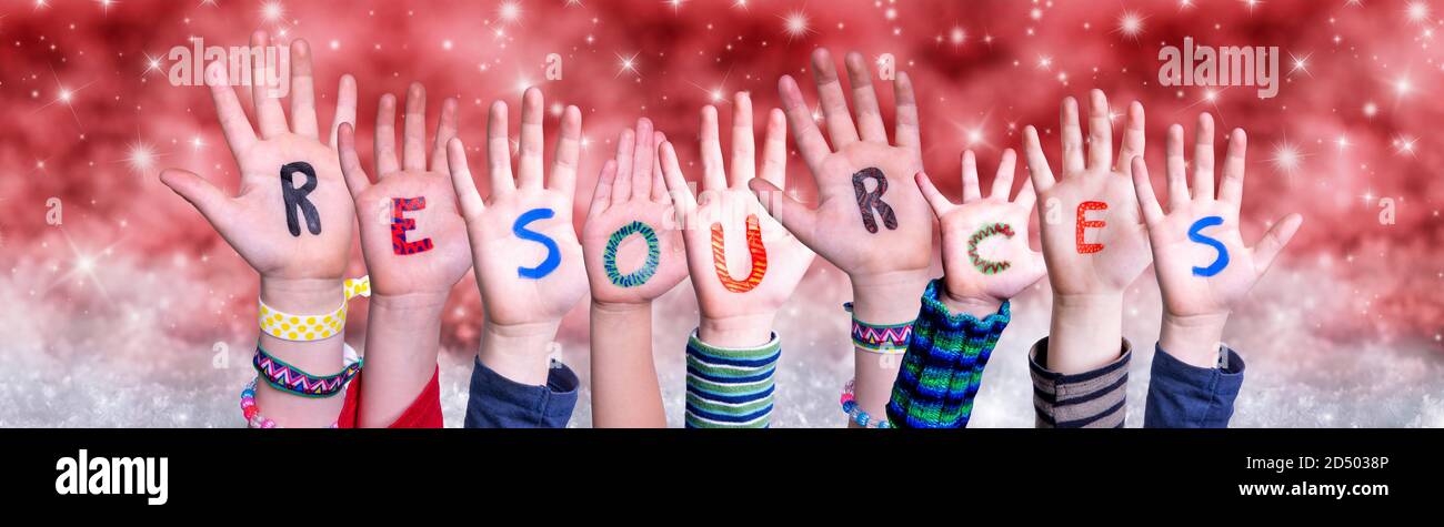 Children Hands Building Word Resources, Red Christmas Background Stock ...