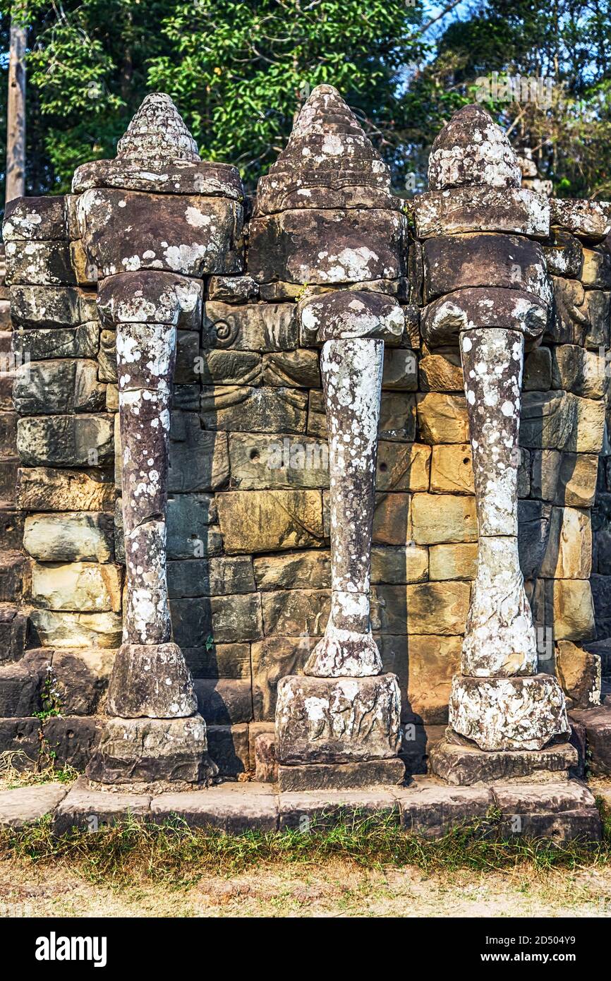 Elephants ancient royal viewing platform of Angkor Thom temple complex ...