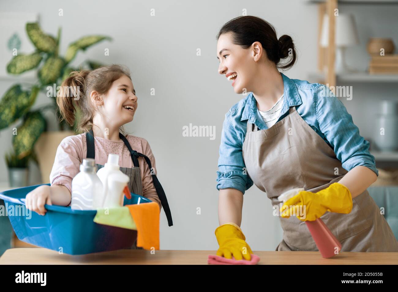 Happy family at home. Mother and daughter doing the cleaning in the ...